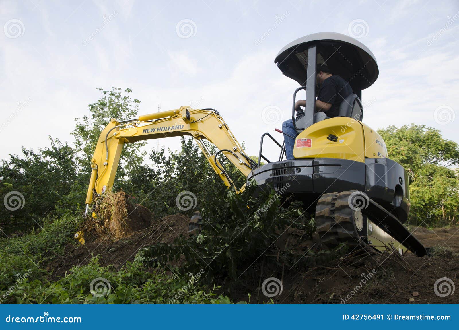 Mini Excavator Digging A Trench Among The Trees For Repairing City ...