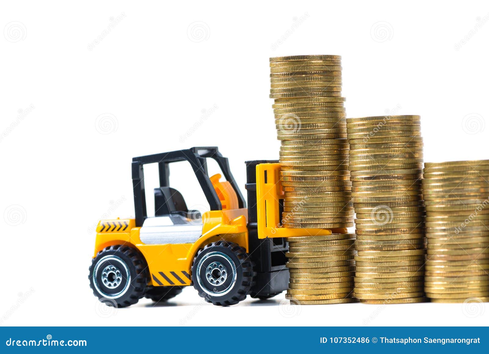 Mini Forklift Truck Loading Stack Coin with Steps of Gold Coin, Stock ...
