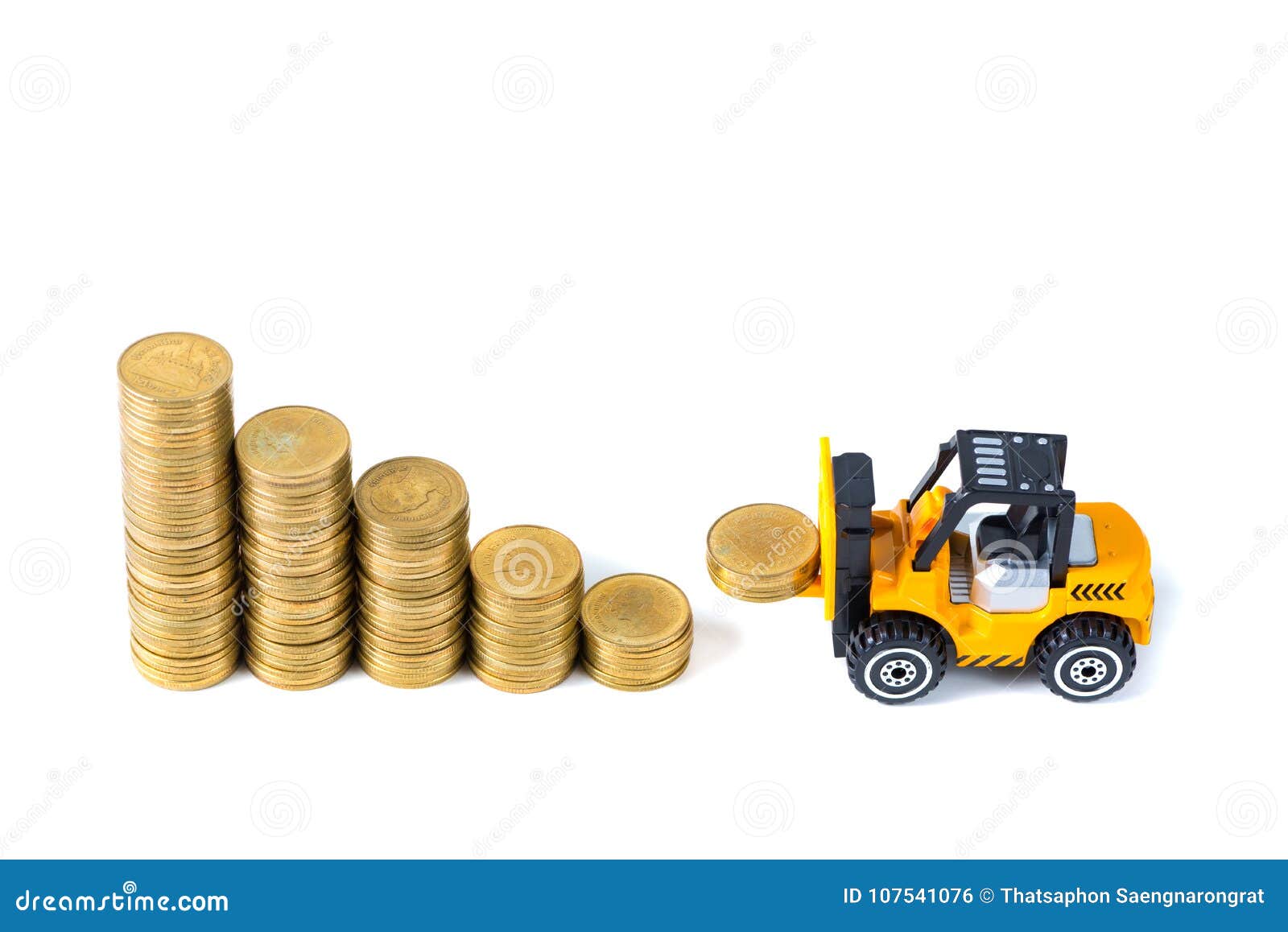 Mini Forklift Truck Loading Stack Coin with Steps of Gold Coin, Stock ...