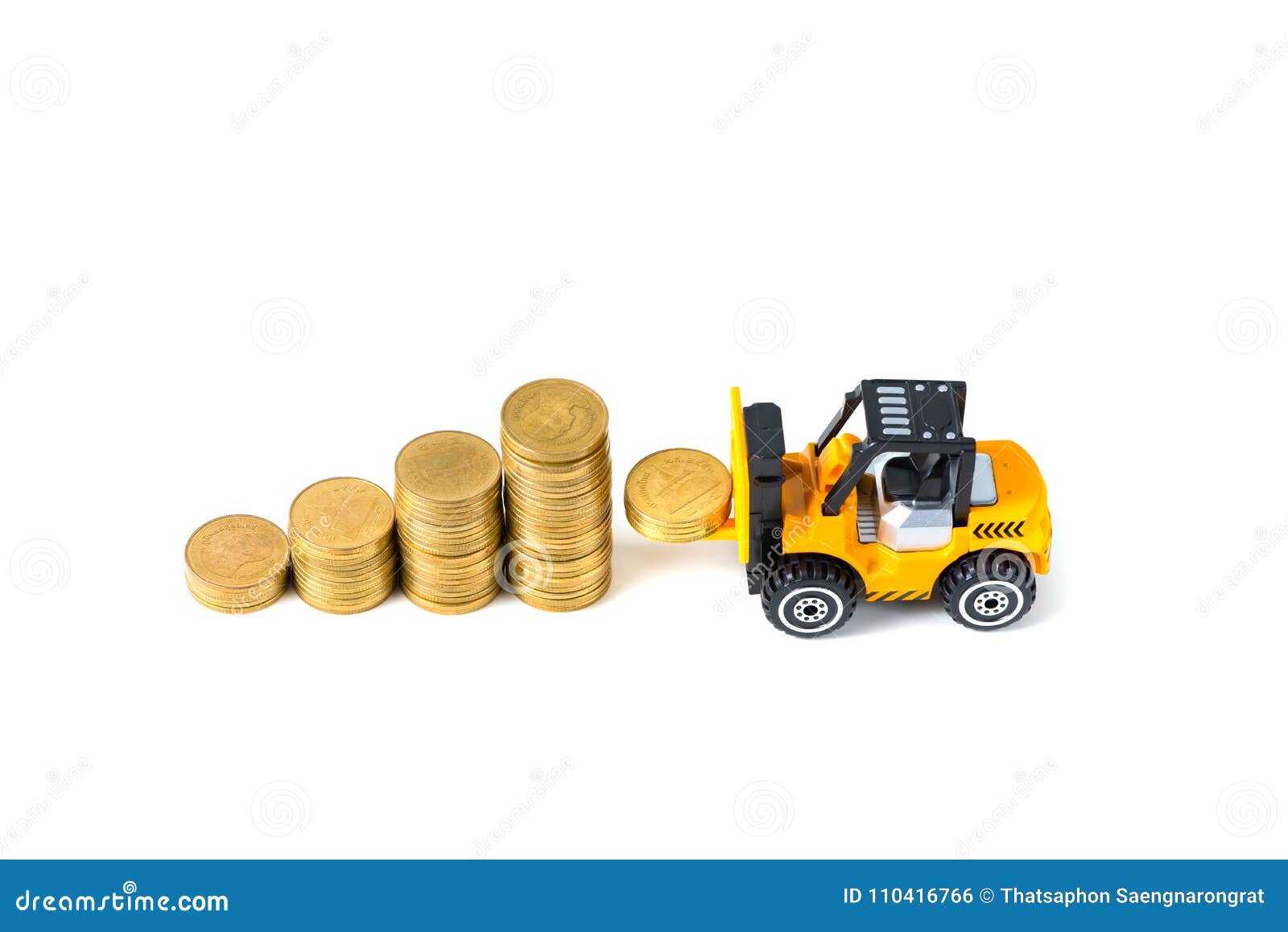 Mini Forklift Truck Loading Stack Coin with Steps of Gold Coin, Stock ...
