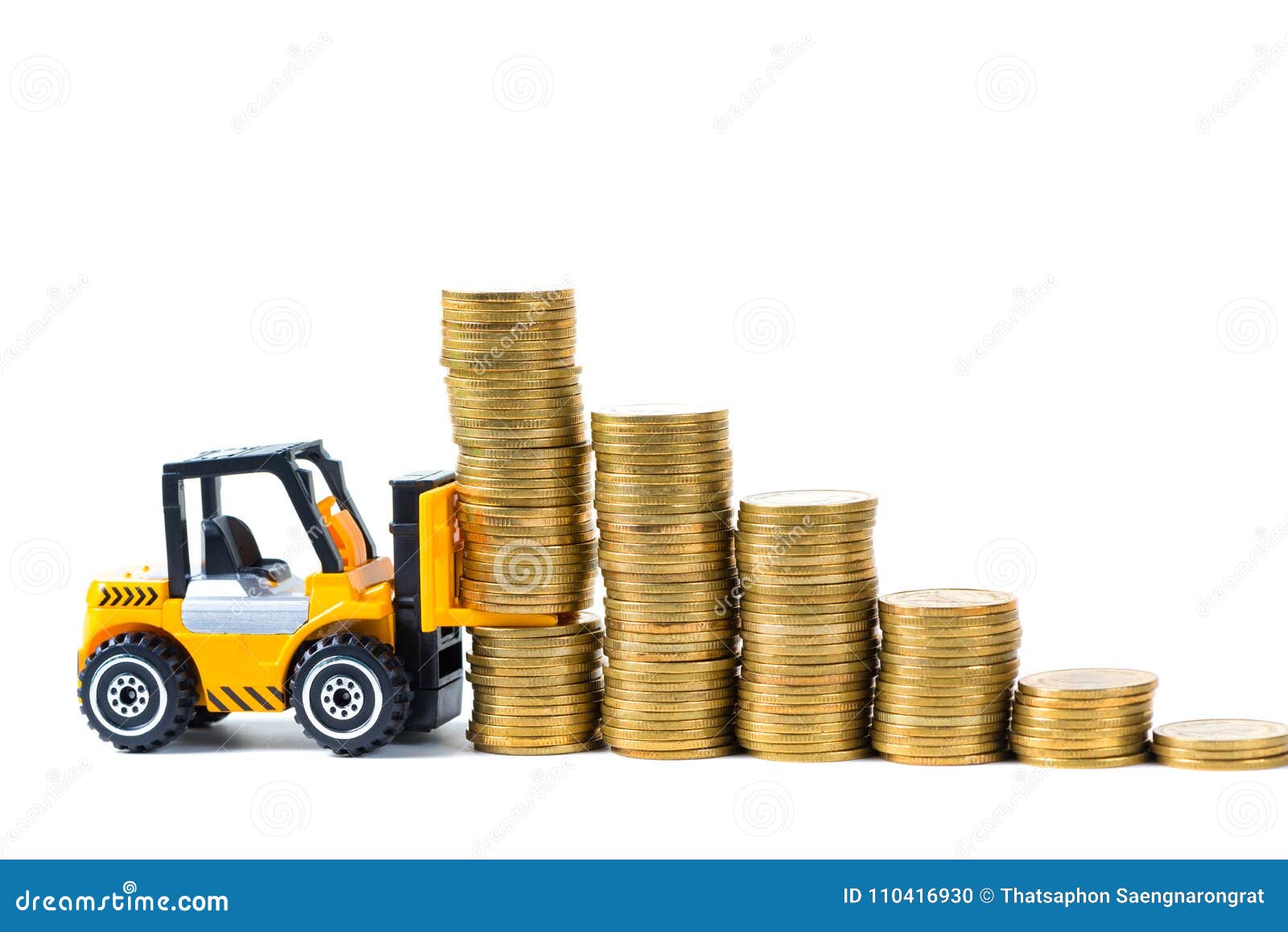 Mini Forklift Truck Loading Stack Coin with Steps of Gold Coin, Stock ...