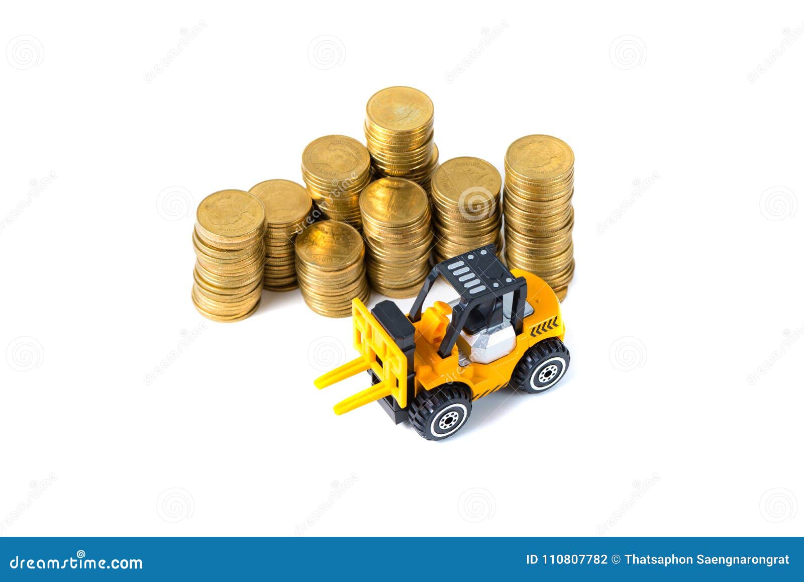 Mini Forklift Truck Loading Stack Coin with Steps of Gold Coin, Stock ...