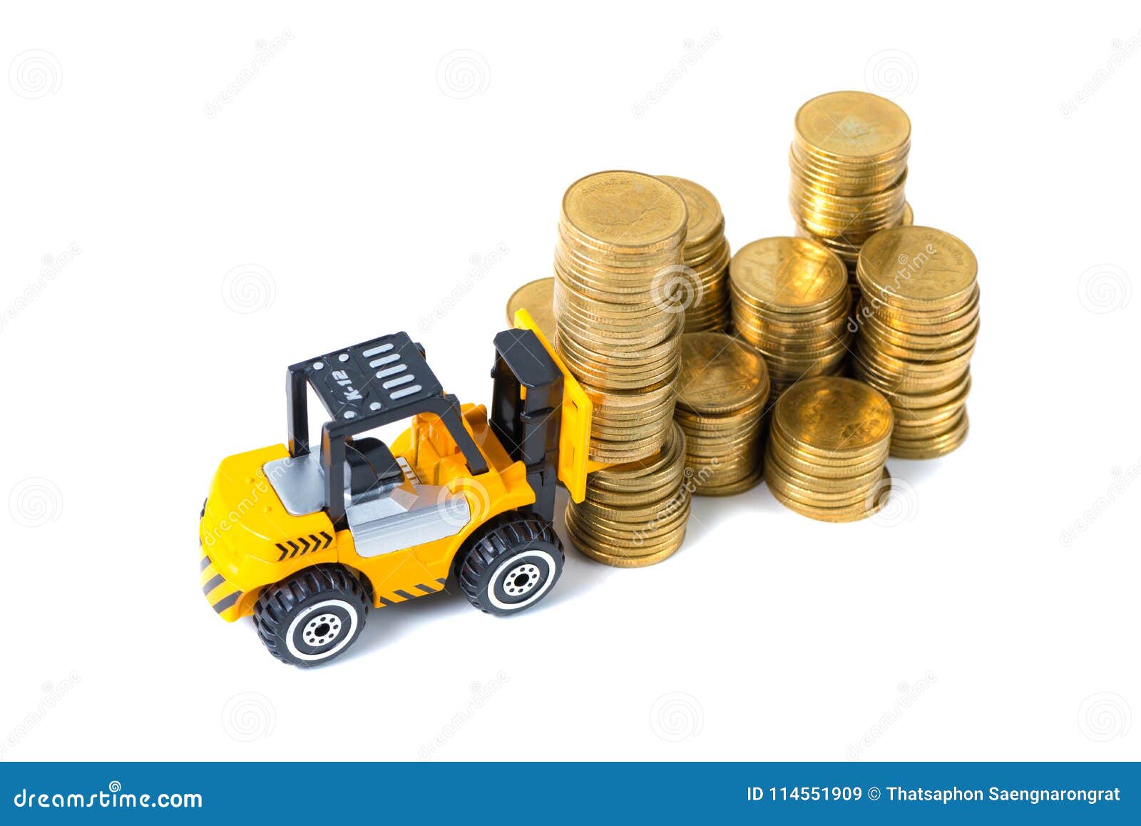 Mini Forklift Truck Loading Stack Coin with Steps of Gold Coin, Stock ...
