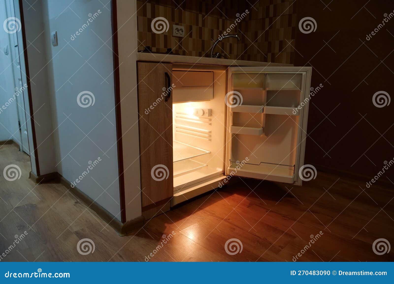 Mini Fridge with Open Door in the Kitchen Stock Photo - Image of ...