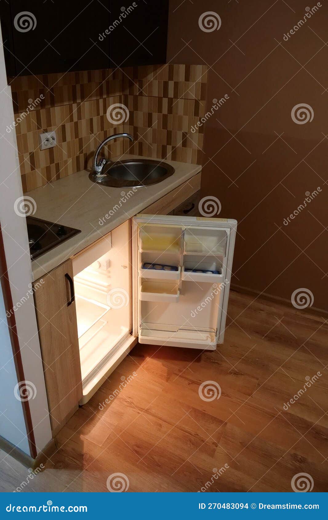 Mini Fridge with Open Door in the Kitchen Stock Photo - Image of ...