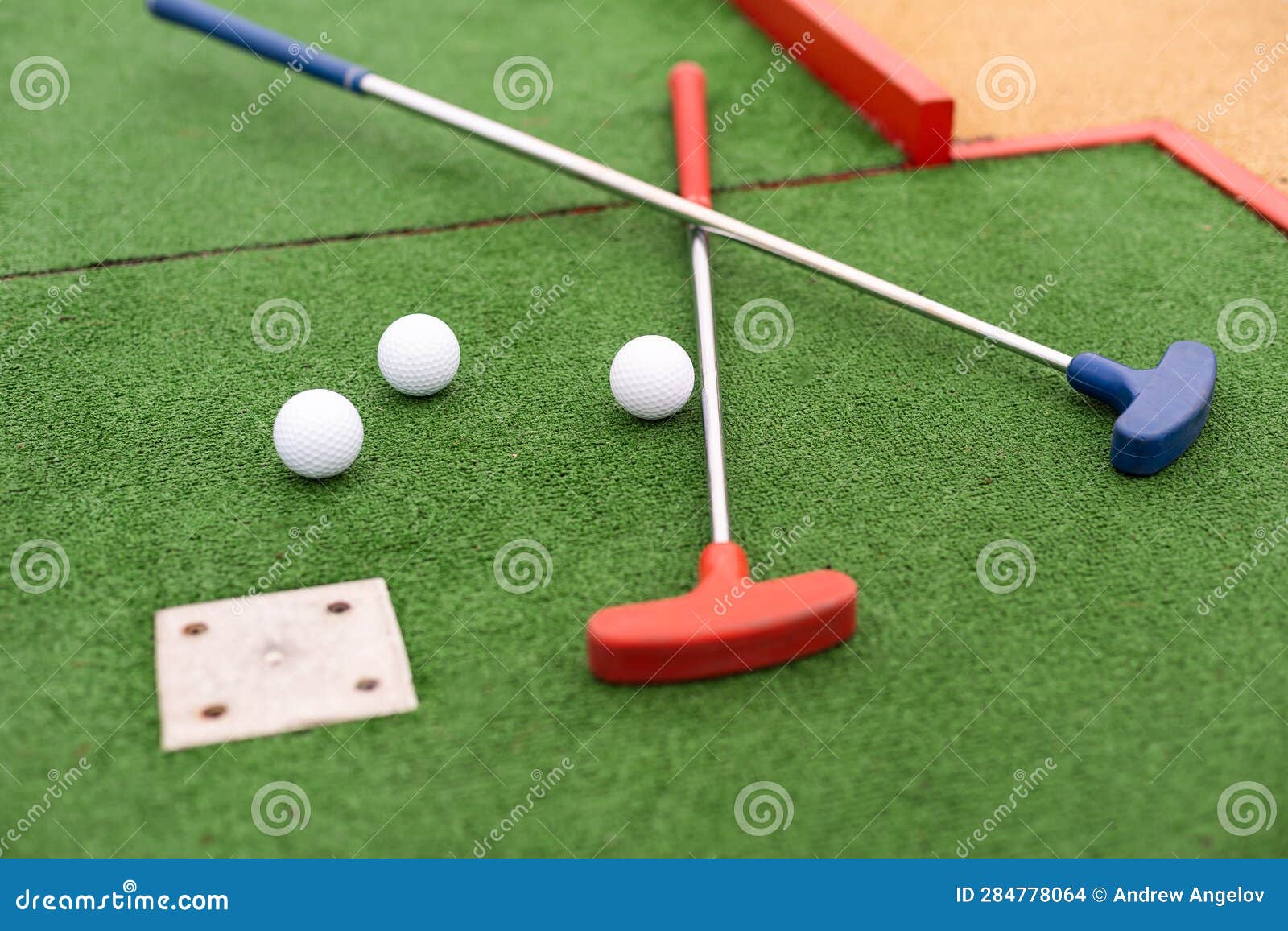 Mini Golf Close-up, Colorful Golf Putters, Balls Stock Photo - Image of ...