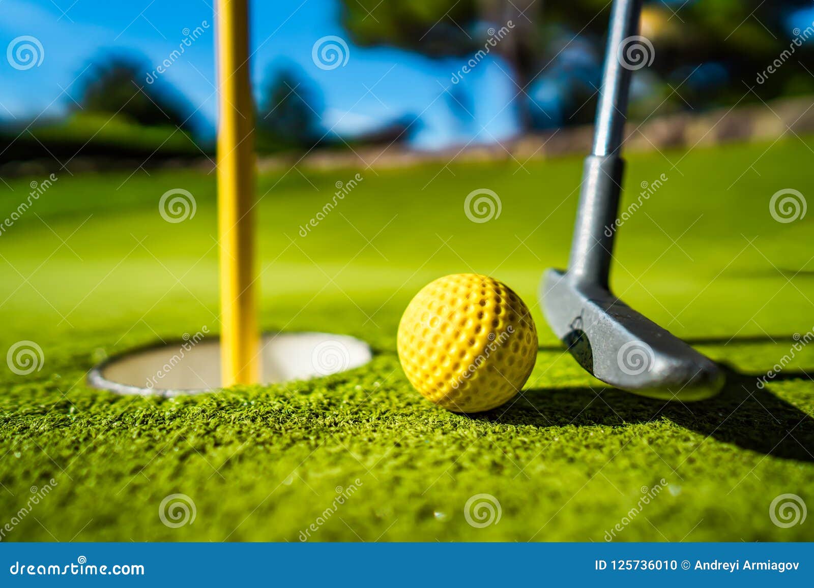 Mini Golf Yellow Ball On Green Grass At Sunset Stock Image ...