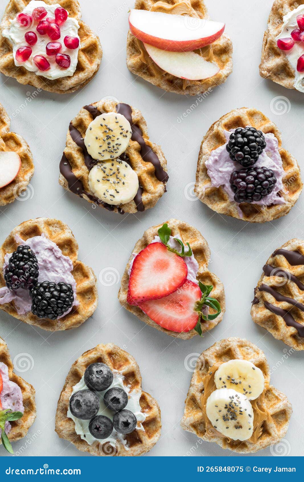 Mini Heart Shaped Waffles with Various Toppings of Spreads and Fruit ...