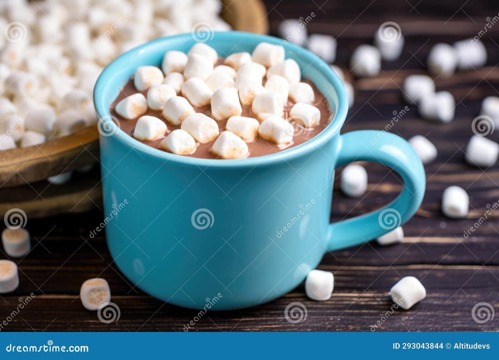 Mini Marshmallows Floating on Hot Chocolate in a Blue Mug Stock Photo ...