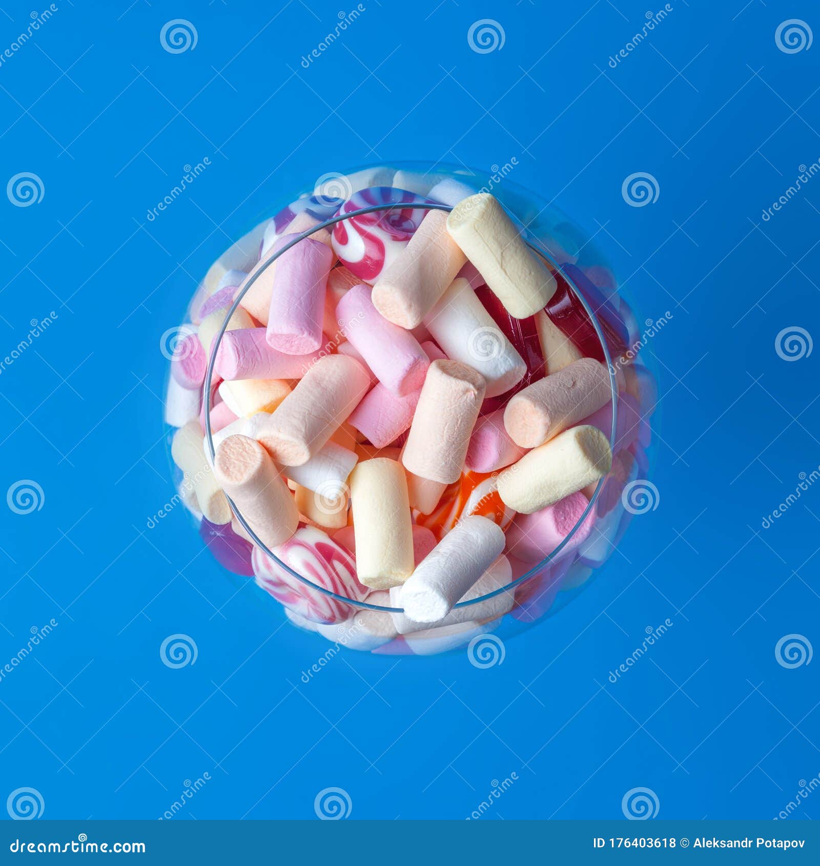 Mini Marshmallows in a Glass on a Blue Background. Copy Space. Close-up ...