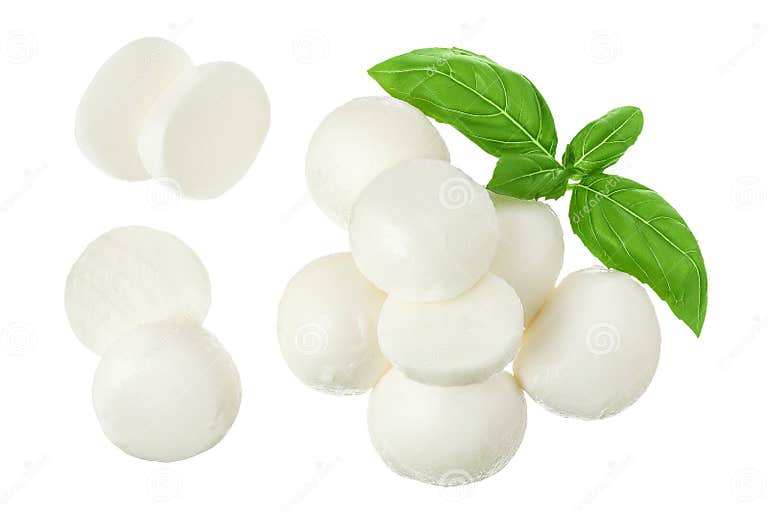 Mini Mozzarella Balls with Basil Leaf Isolated on White Background. Top ...