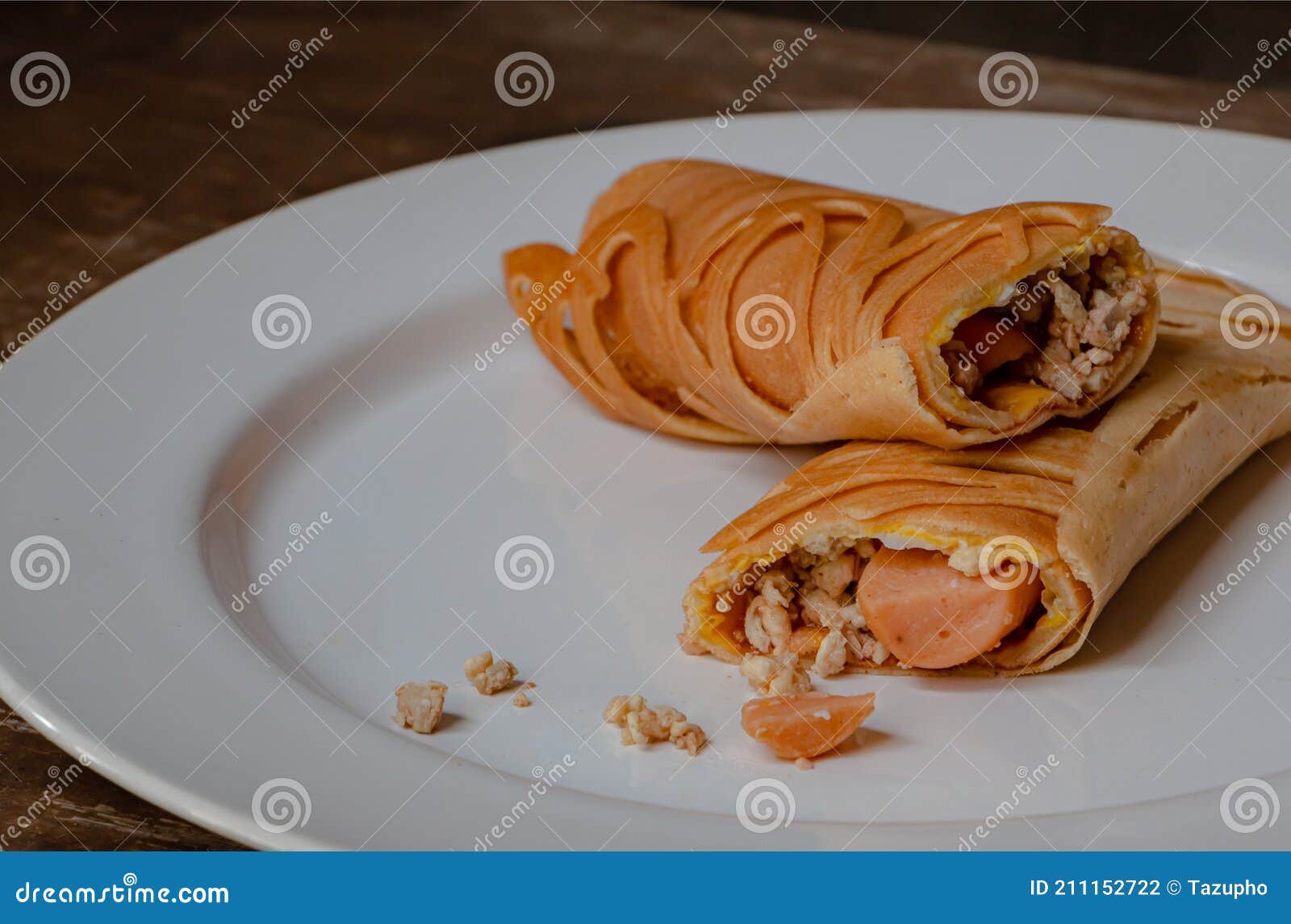 Mini Pancake Roll Stuffed with Pork and Sausage Stock Photo - Image of ...