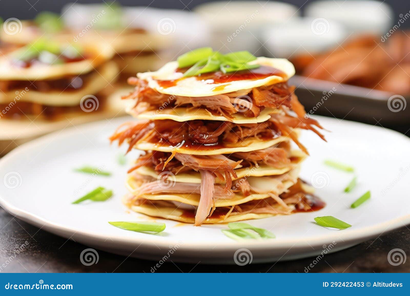 Mini Peking Duck Pancakes Stacked on a Plate Stock Illustration ...