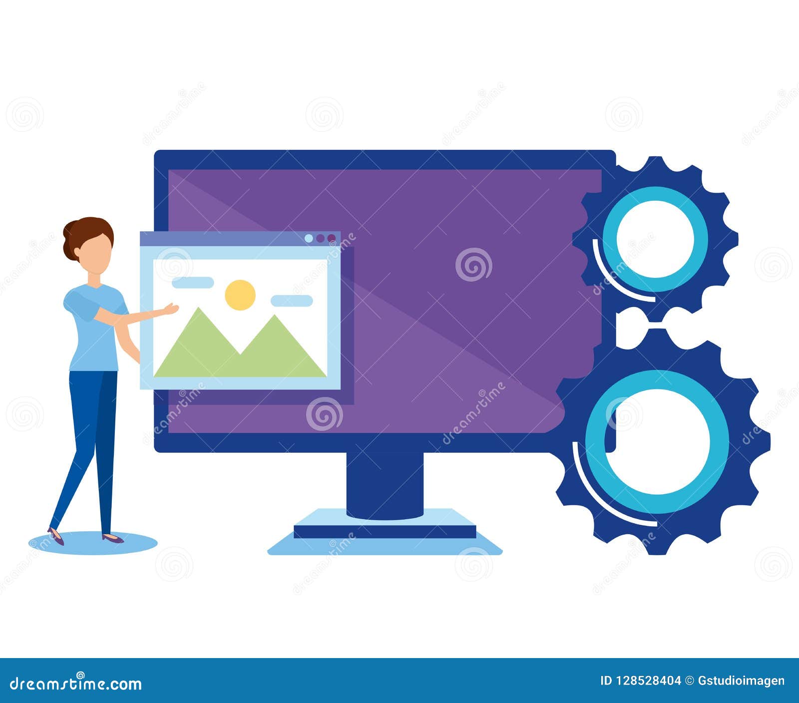 Mini people with computer stock vector. Illustration of fixing - 128528404