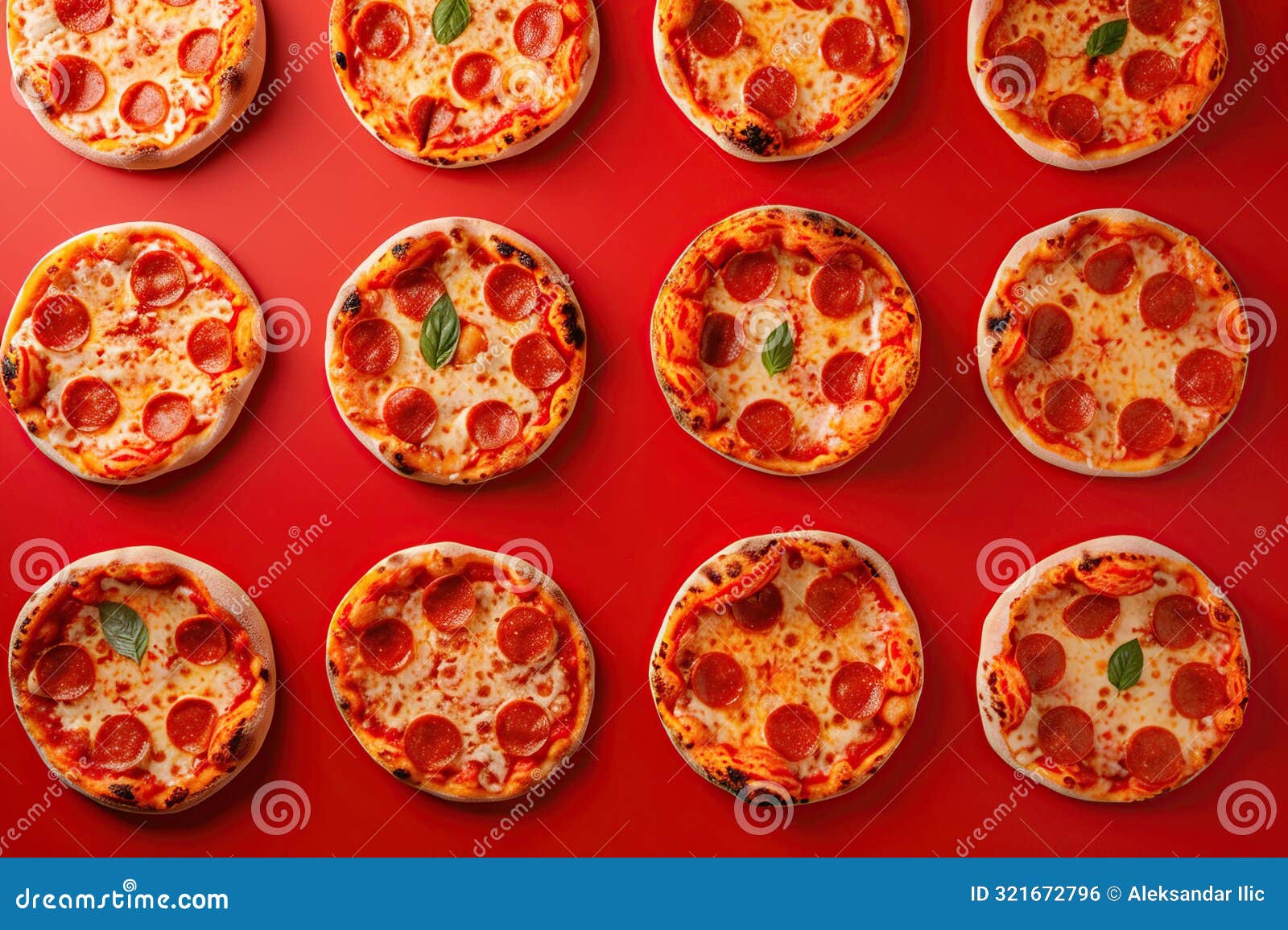 Mini Pepperoni Pizzas on Red Background. Top View, Flatlay Composition ...