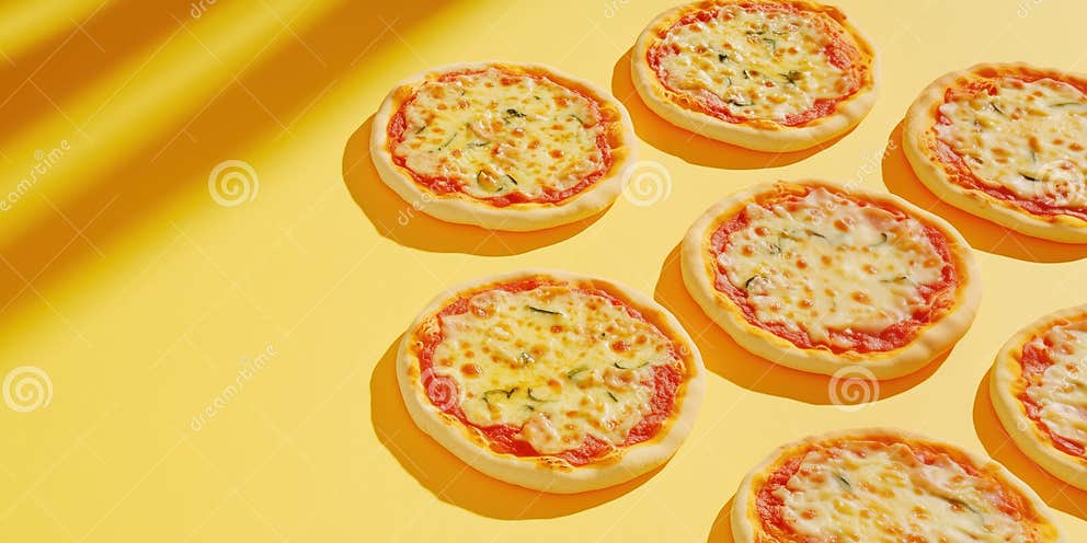 Mini Pizzas Creating a Pattern on Yellow Background with Dramatic ...