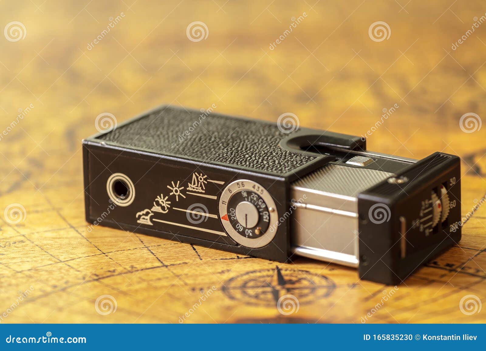 Mini Pocket Pocket Camera on a Wooden Board with a World Map Stock ...
