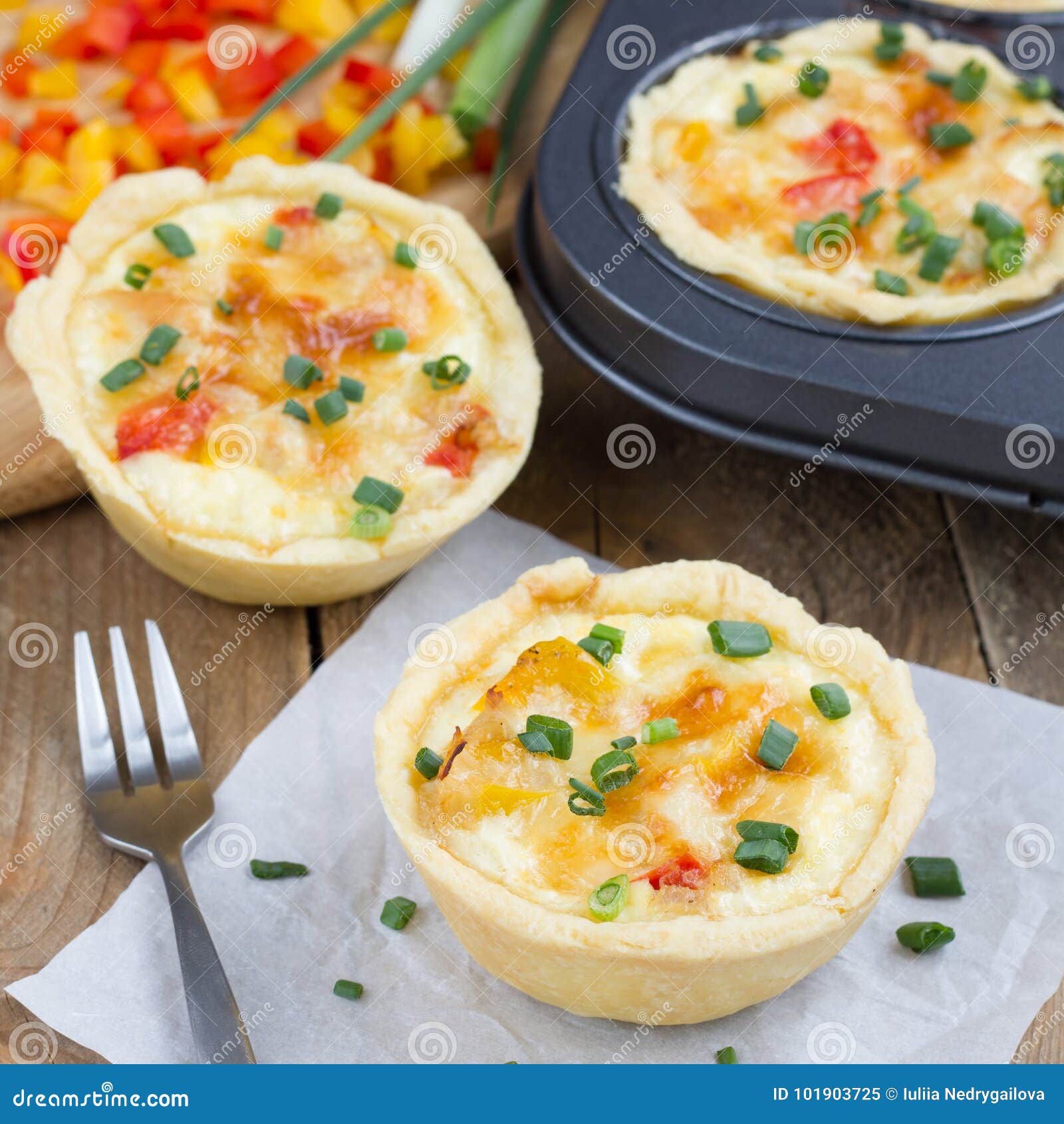 Mini Quiche with Chicken and Bell Pepper, Square Stock Image - Image of ...