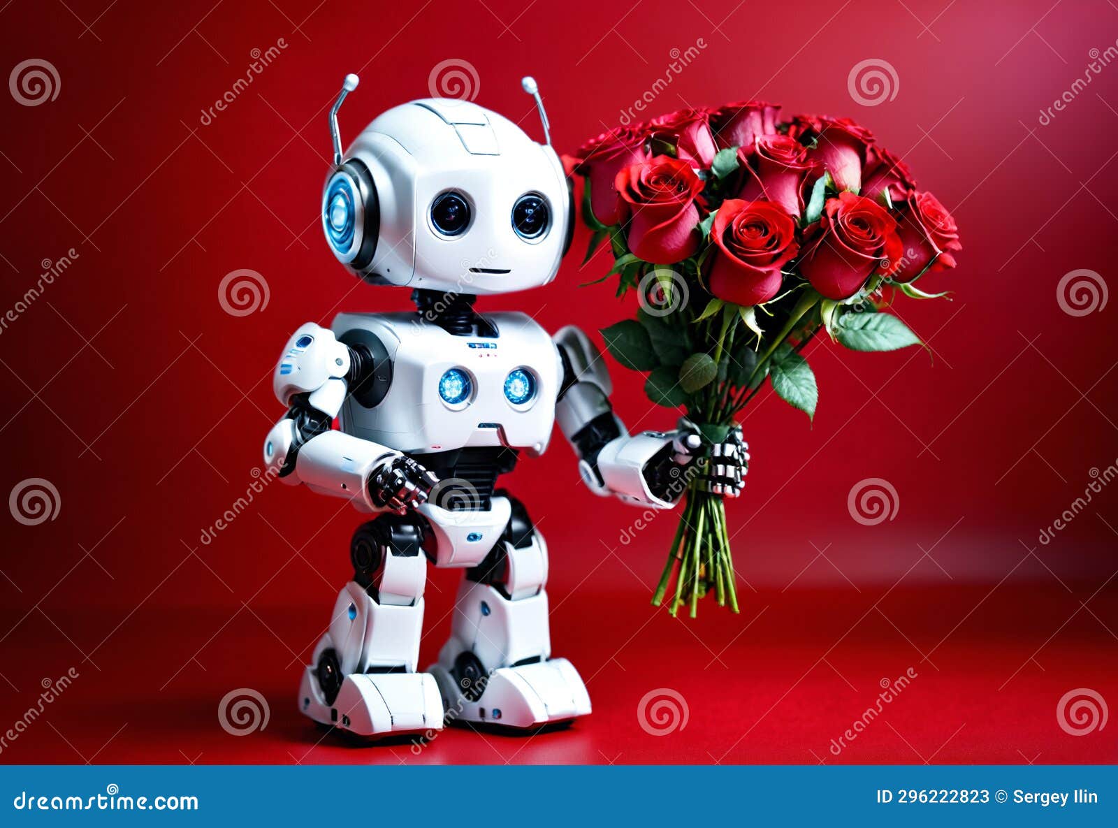 Mini Robot Pointing Olding Roses Bouquet at Copy Space on Red ...