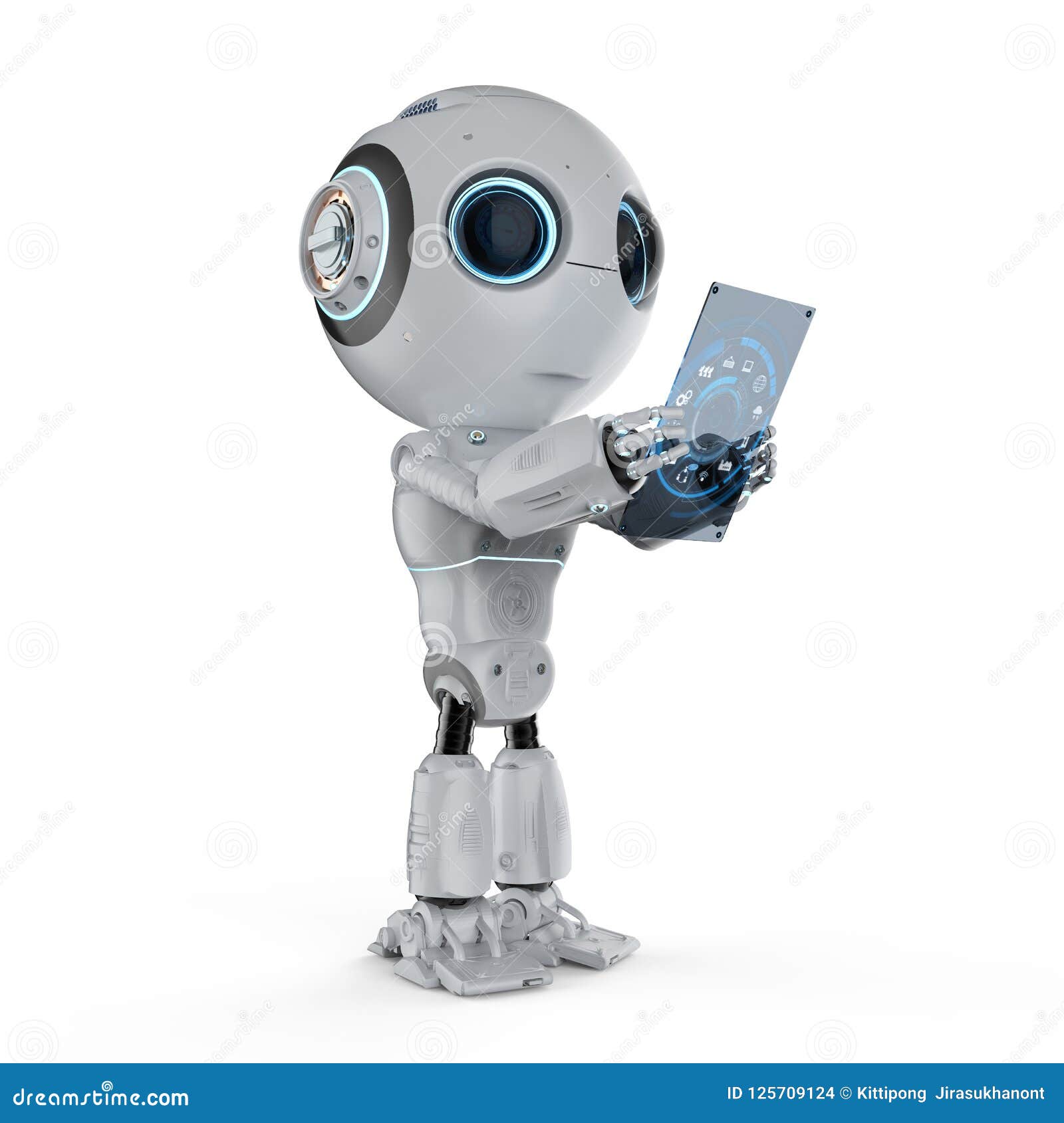 Mini robot with tablet stock illustration. Illustration of adorable ...
