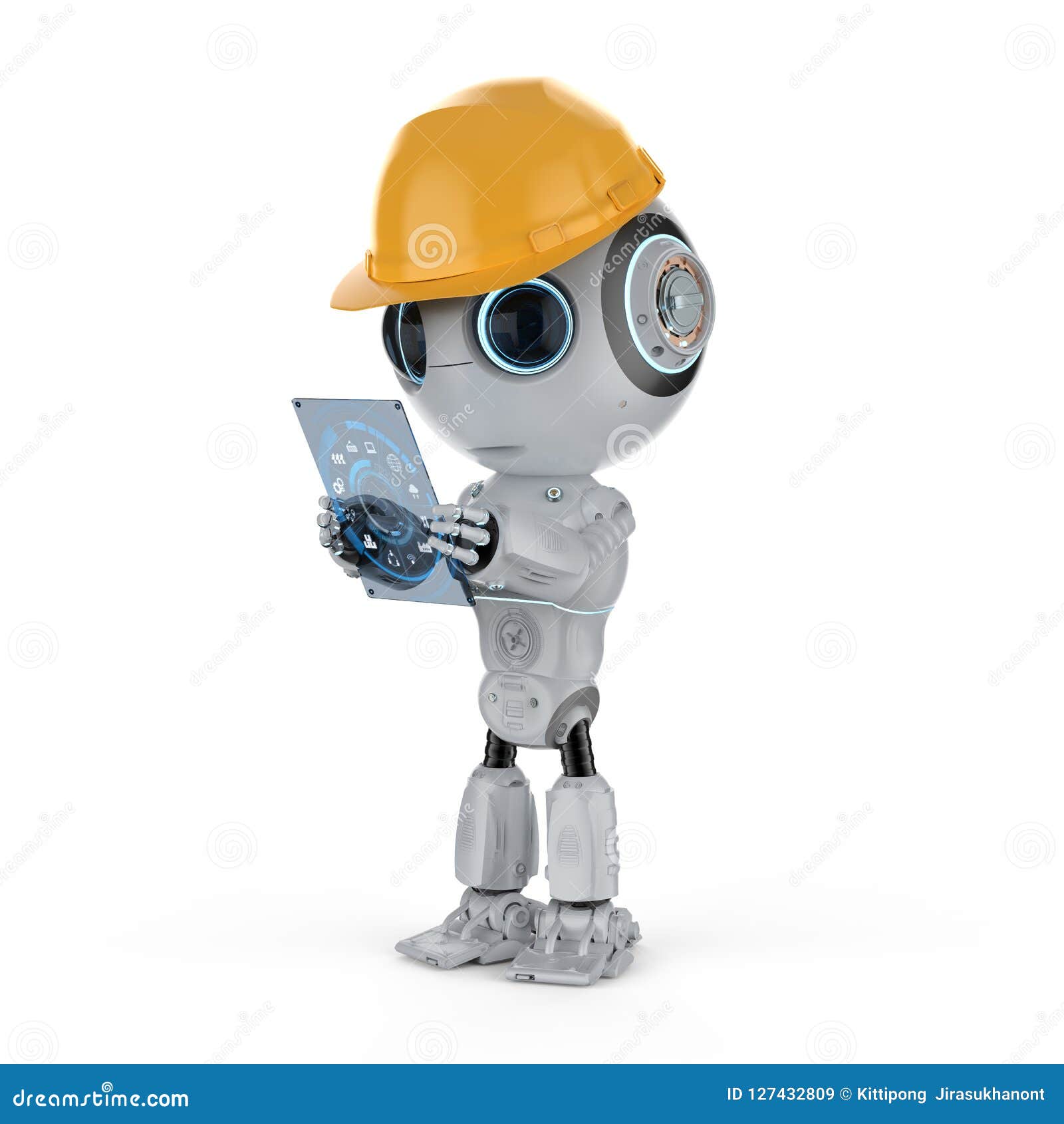 Mini robot with tablet stock illustration. Illustration of humanoid ...
