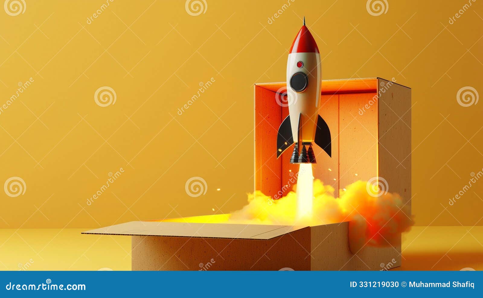 Mini Rocket Taking Off From An Open Box, Yellow Background Stock Image ...