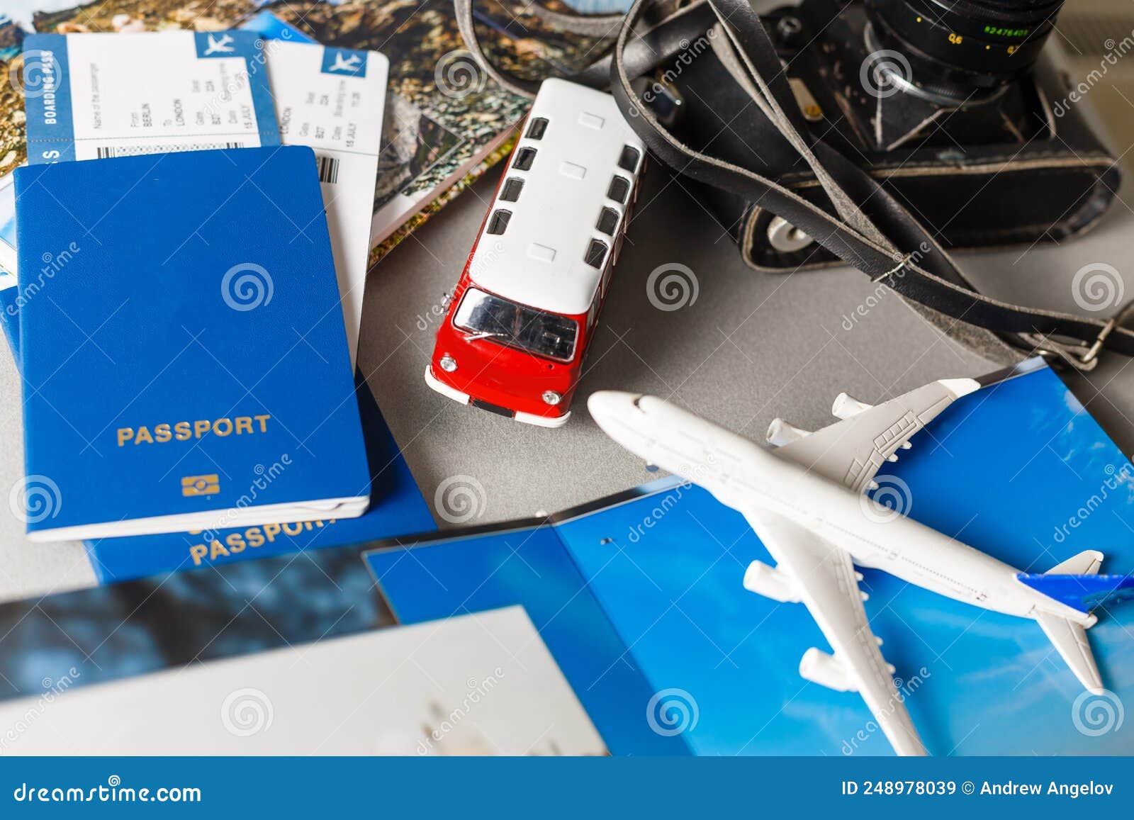 Mini Toy Bus Plane Passports Tickets Travel Idea For Trip Stock