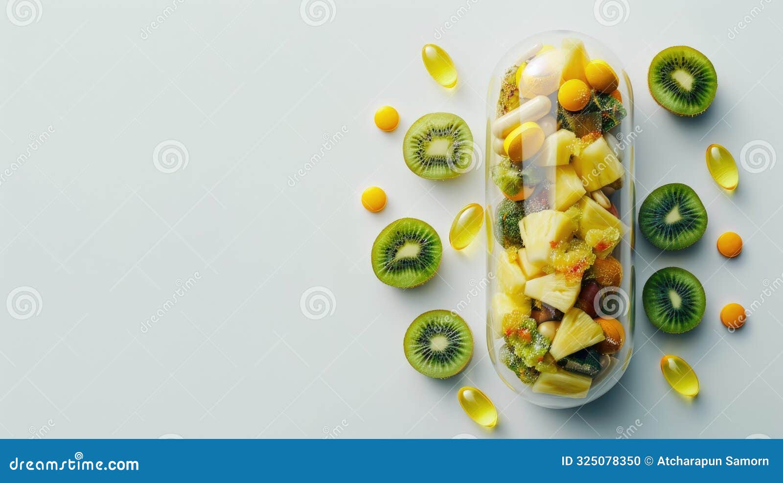 Mini Tropical Fruit Capsule for Pharmaceutical Advertisement on White Background Stock Photo ...