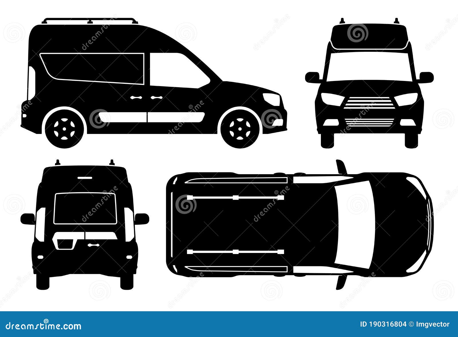 Mini Van Silhouette Vector Illustration with Side, Front, Back, Top ...