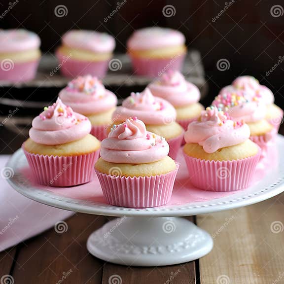 Mini Vanilla Cupcakes With Pink Buttercream Sweet Pink Cupcake Front View Stock Illustration