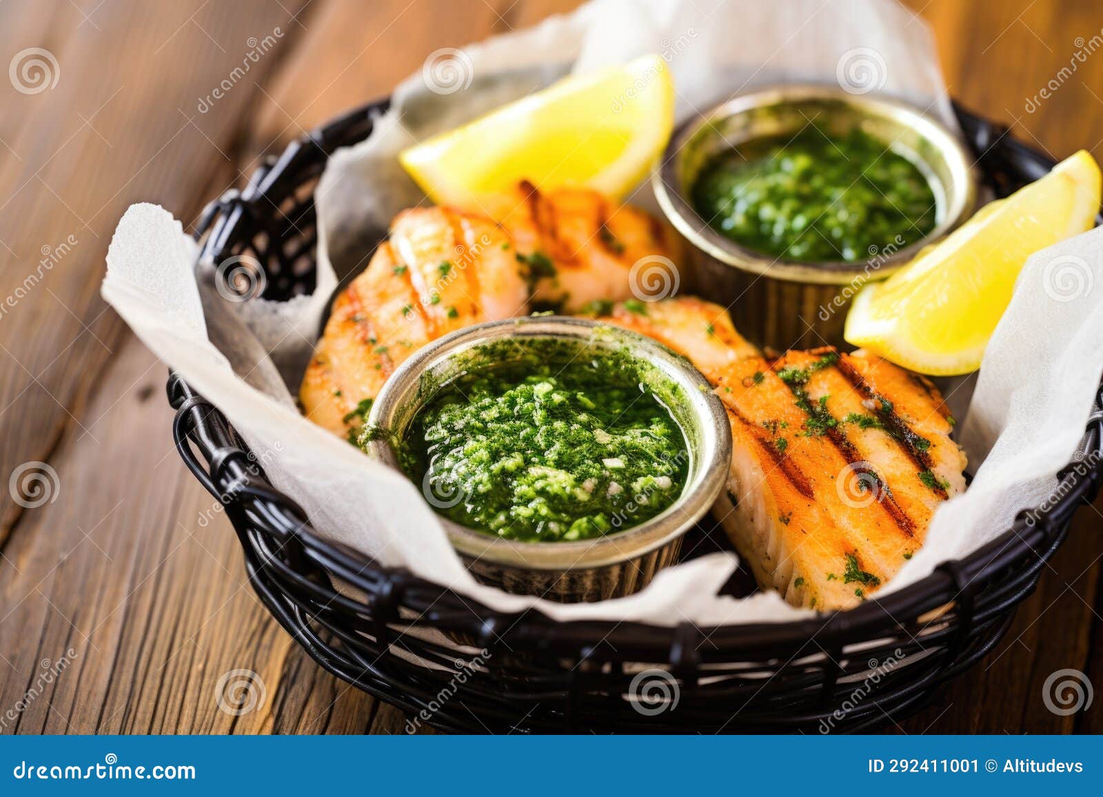 Mini Wire Basket with Grilled Fish and Chimichurri Stock Image - Image ...