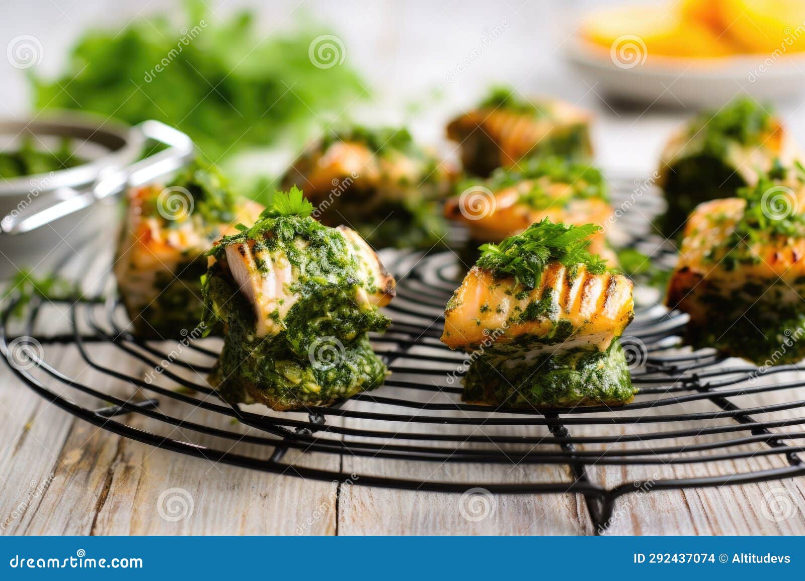 Mini Wire Basket with Grilled Fish and Chimichurri Stock Photo - Image ...