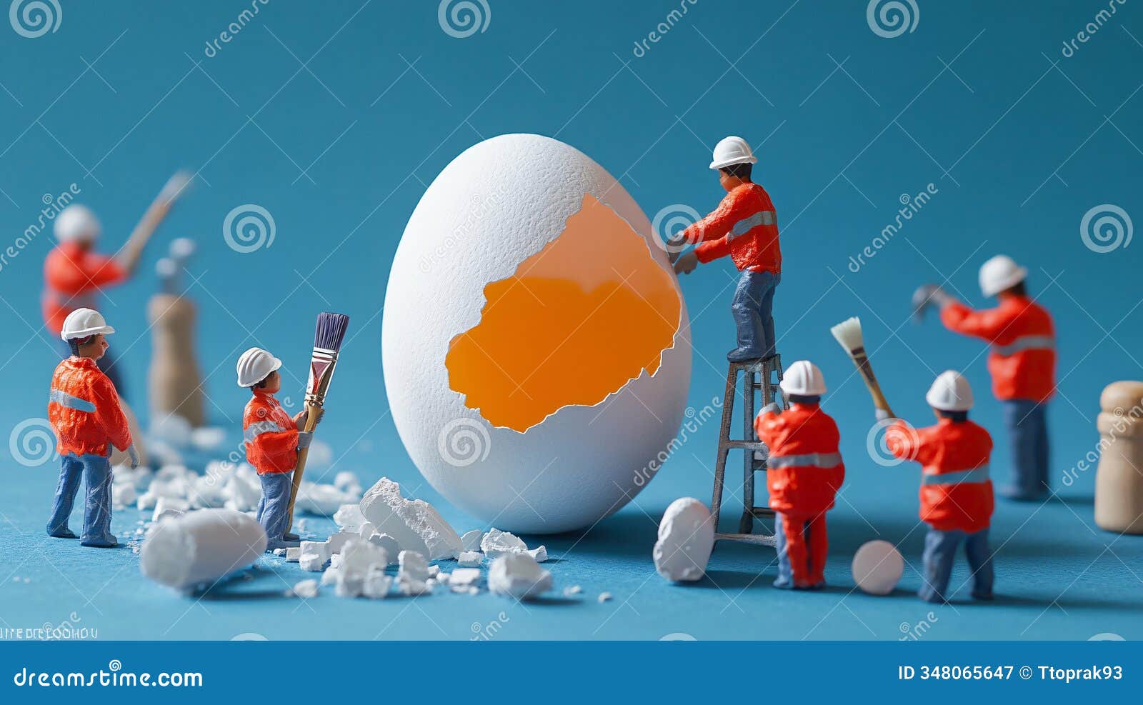Mini Workers Skillfully Repairing a Cracked Egg in a Bright Setting ...