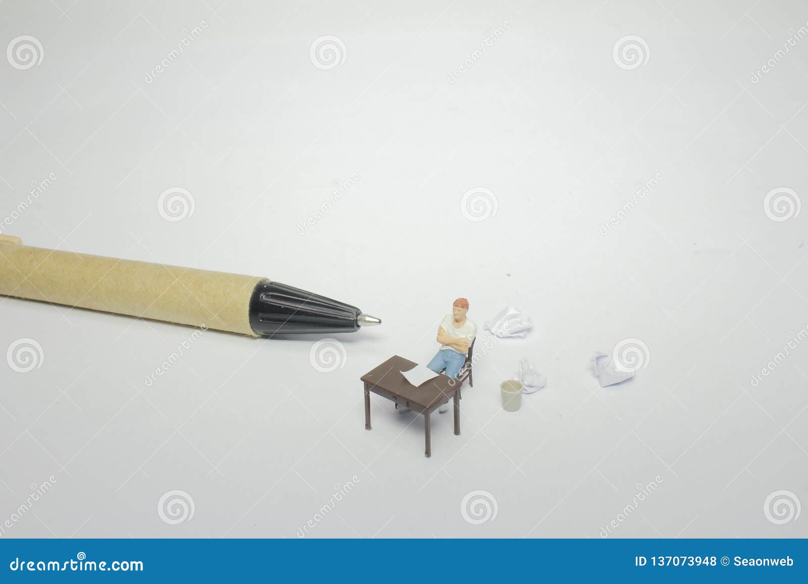Mini Writer Who Finds No Inspiration To Write Stock Photo - Image of ...