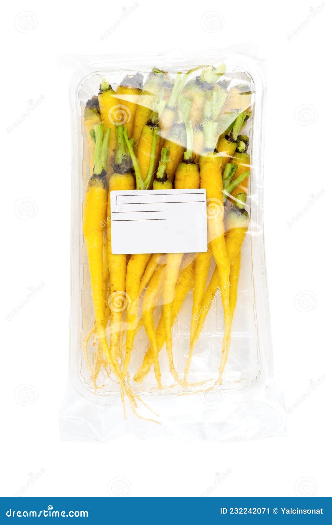 Mini Yellow Carrots in Labeled Packaging on a White Background Stock ...