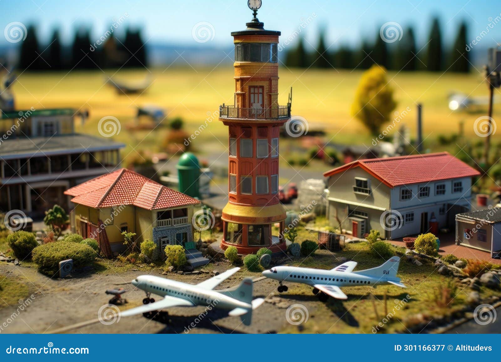 Miniature Airport with Small Airplanes and Control Tower Stock ...