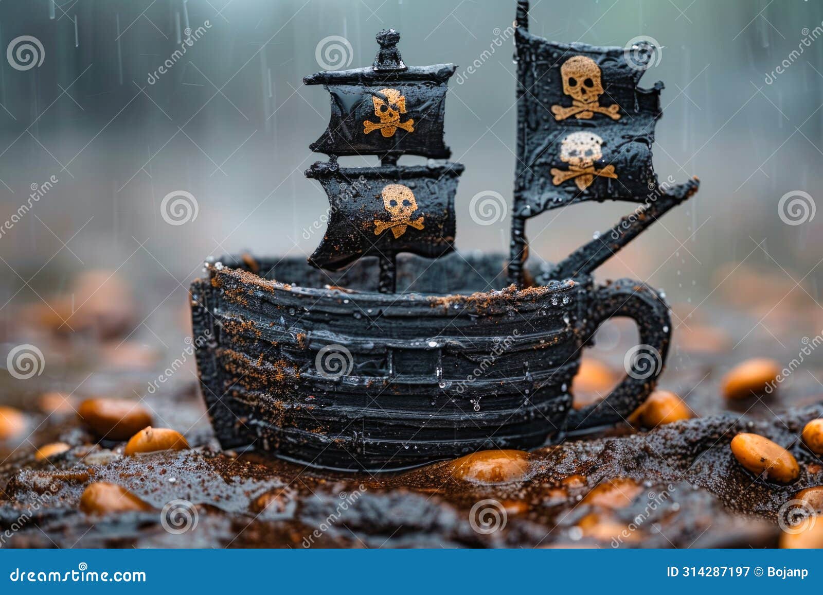 Cute Miniature Black Pirate Ship On Espresso Royalty-Free Stock Photo ...