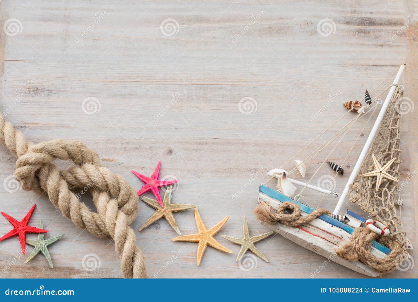 Miniature Boat, Starfish and Seashells on Gray Background. Time of ...