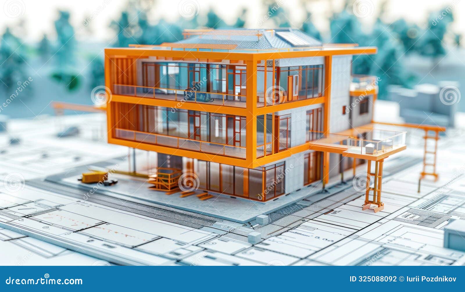 Miniature Building Model On Blueprint With Urban Design Features ...