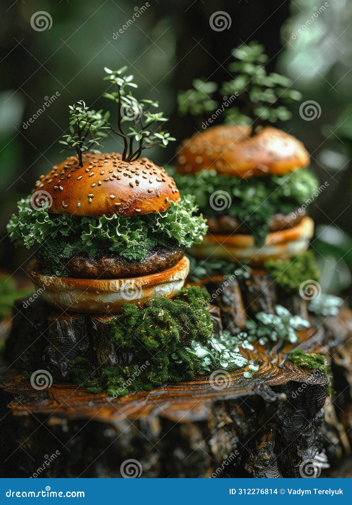 Miniature Burgers with Fresh Herbs and Spices on Tree Stump Stock Photo ...