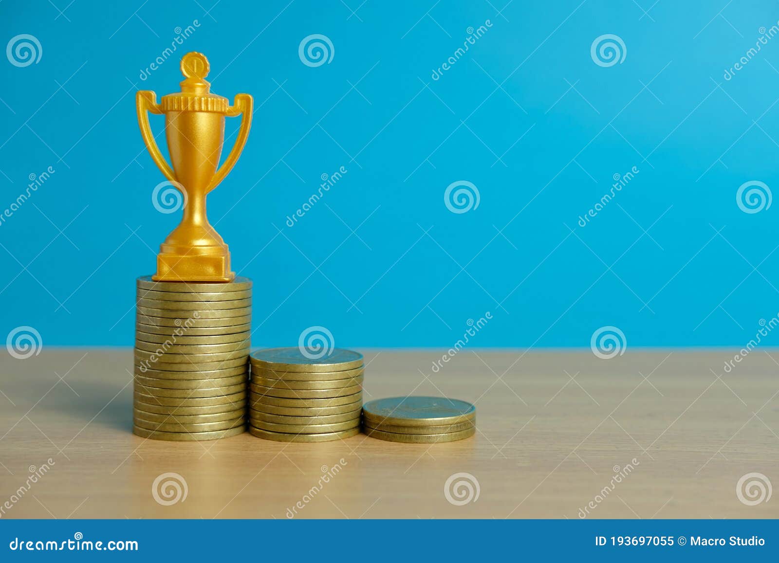 Miniature Business Concept - a Trophy on Staircase Coin Stack Stairways ...