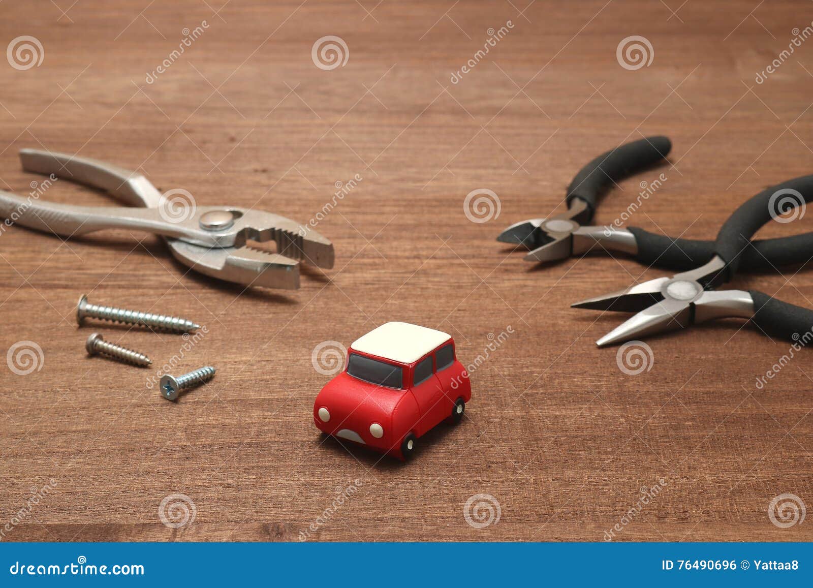 Miniature Car and Maintenance Tools on Wood. Stock Photo - Image of ...