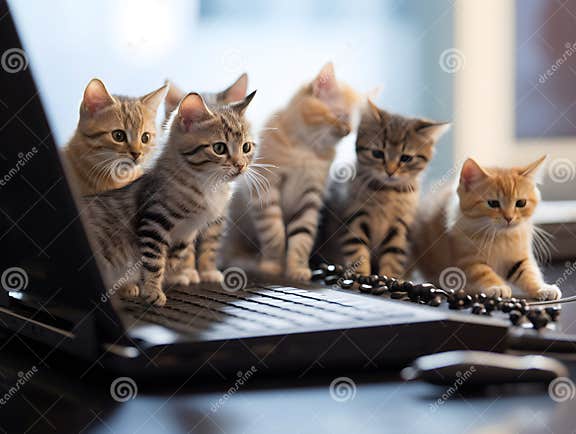 Miniature Cats and Computer, Generative Ai Stock Illustration ...