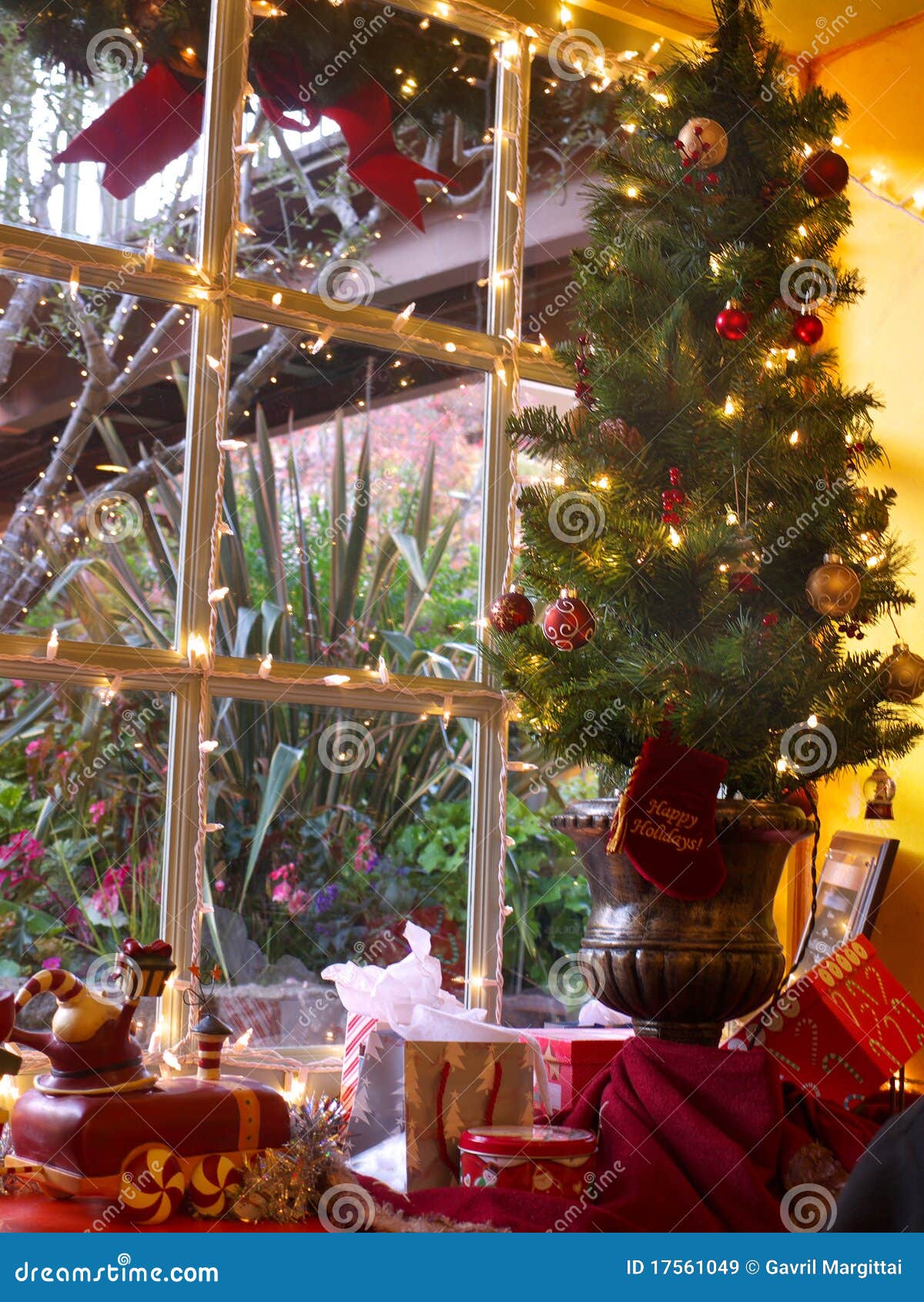 Miniature Christmas Tree in Window Stock Image - Image of window ...
