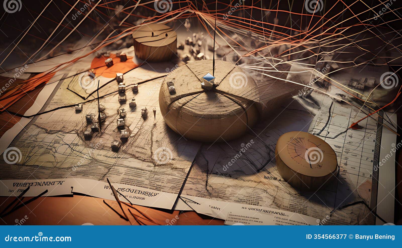 Miniature City Model on a Map with Spiderweb-like Threads, Dice, and ...