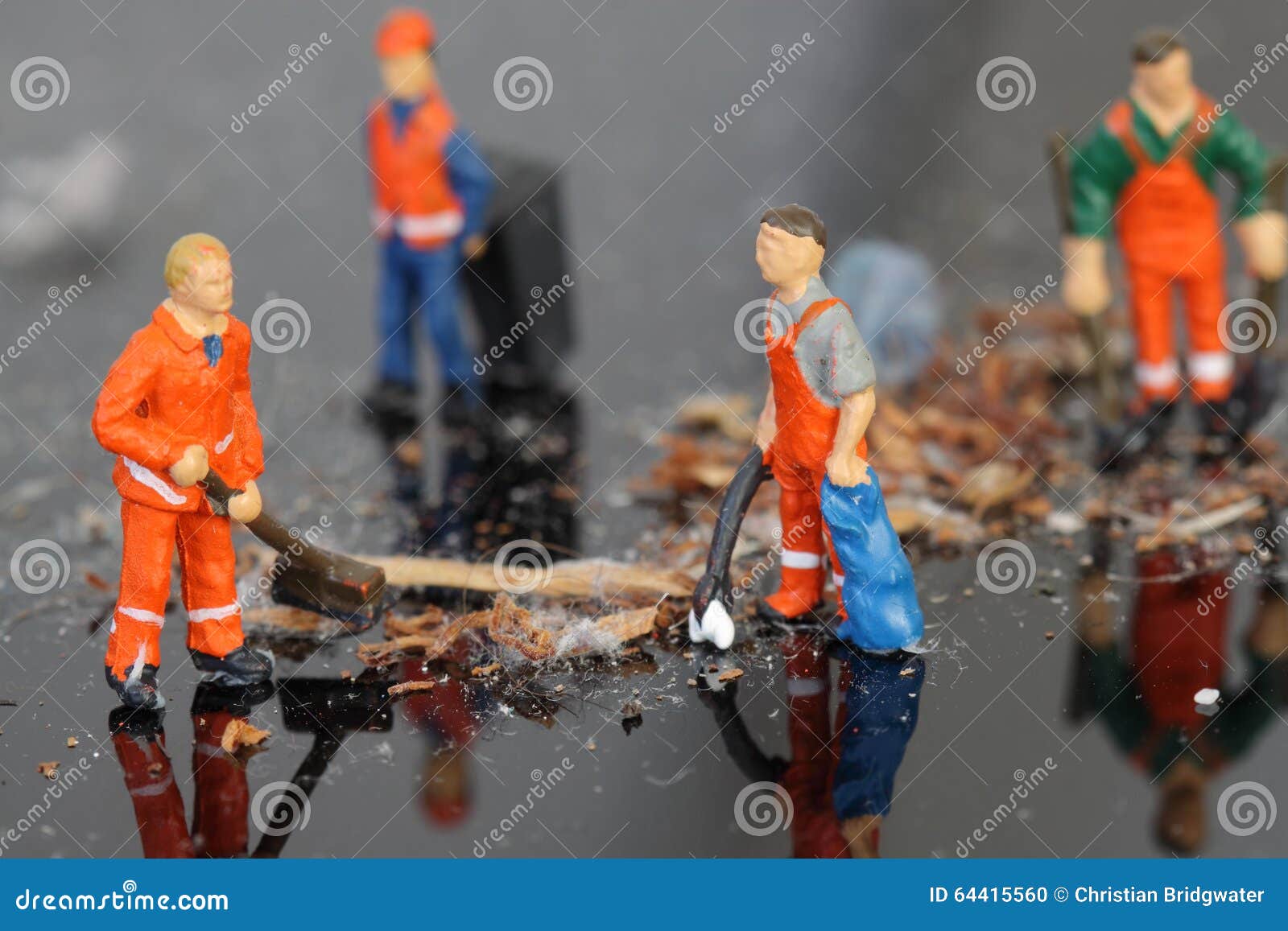Miniature Cleaners Cleaning Dust Reflected Stock Photo - Image of male ...