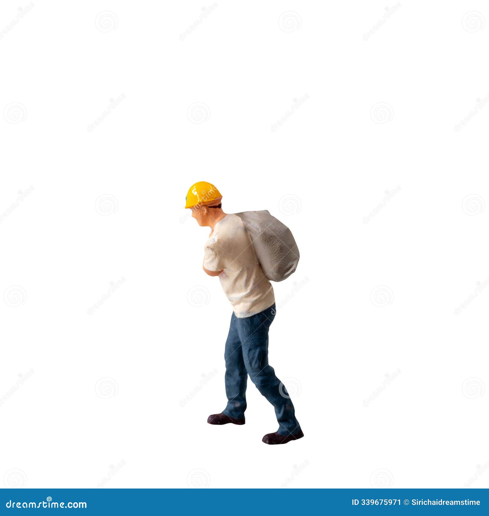 Miniature Construction Worker Carrying a Heavy Sack Isolate on White ...