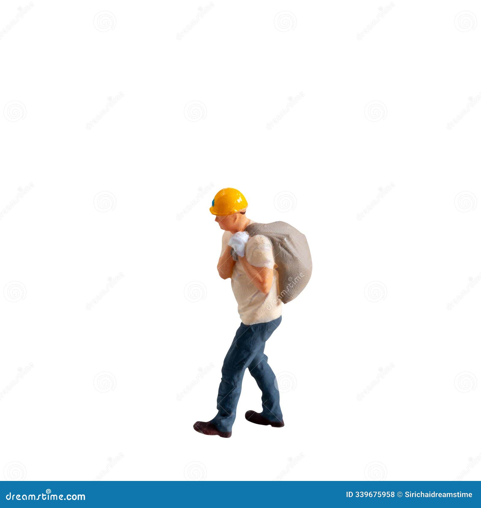 Miniature Construction Worker Carrying a Heavy Sack Isolate on White ...