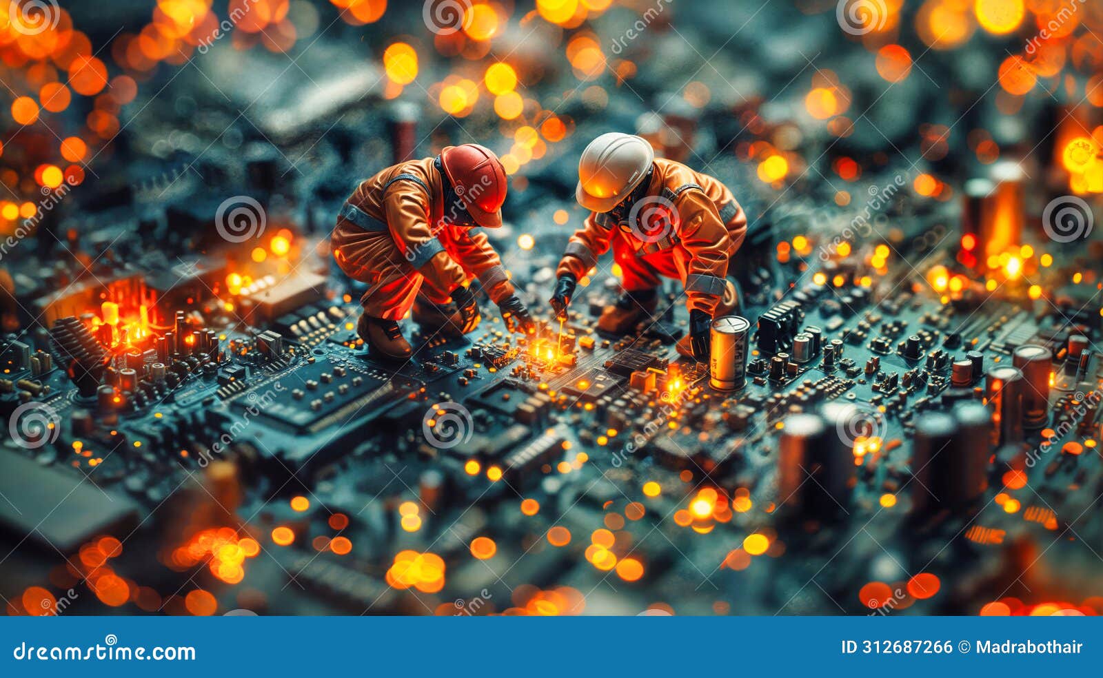 Miniature Construction Worker Doing Repair Work on a Computer Circuit ...