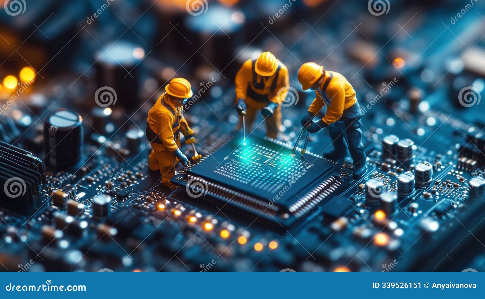 Miniature Construction Workers Assembling Microchip Circuit Board ...